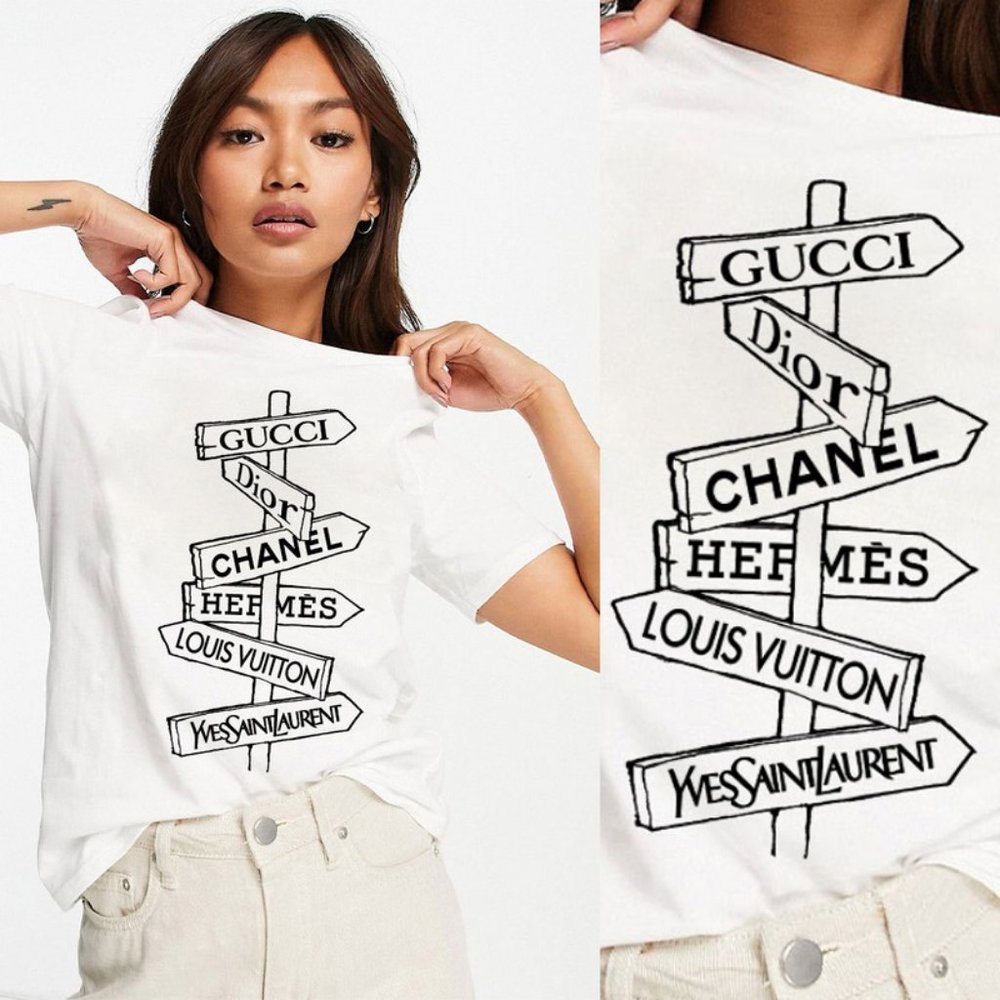 New White Fashion Designer Street Sign Logo Graphic T… - Gem